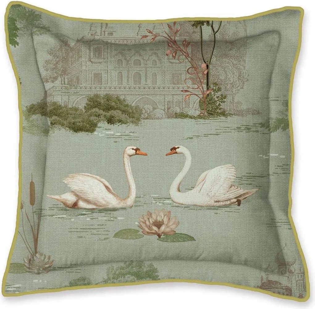 Pip Studio Darjeeling Days polštář 45 x 45 cm - zelený (Stylový perkálový polštář s motivem labutí)
