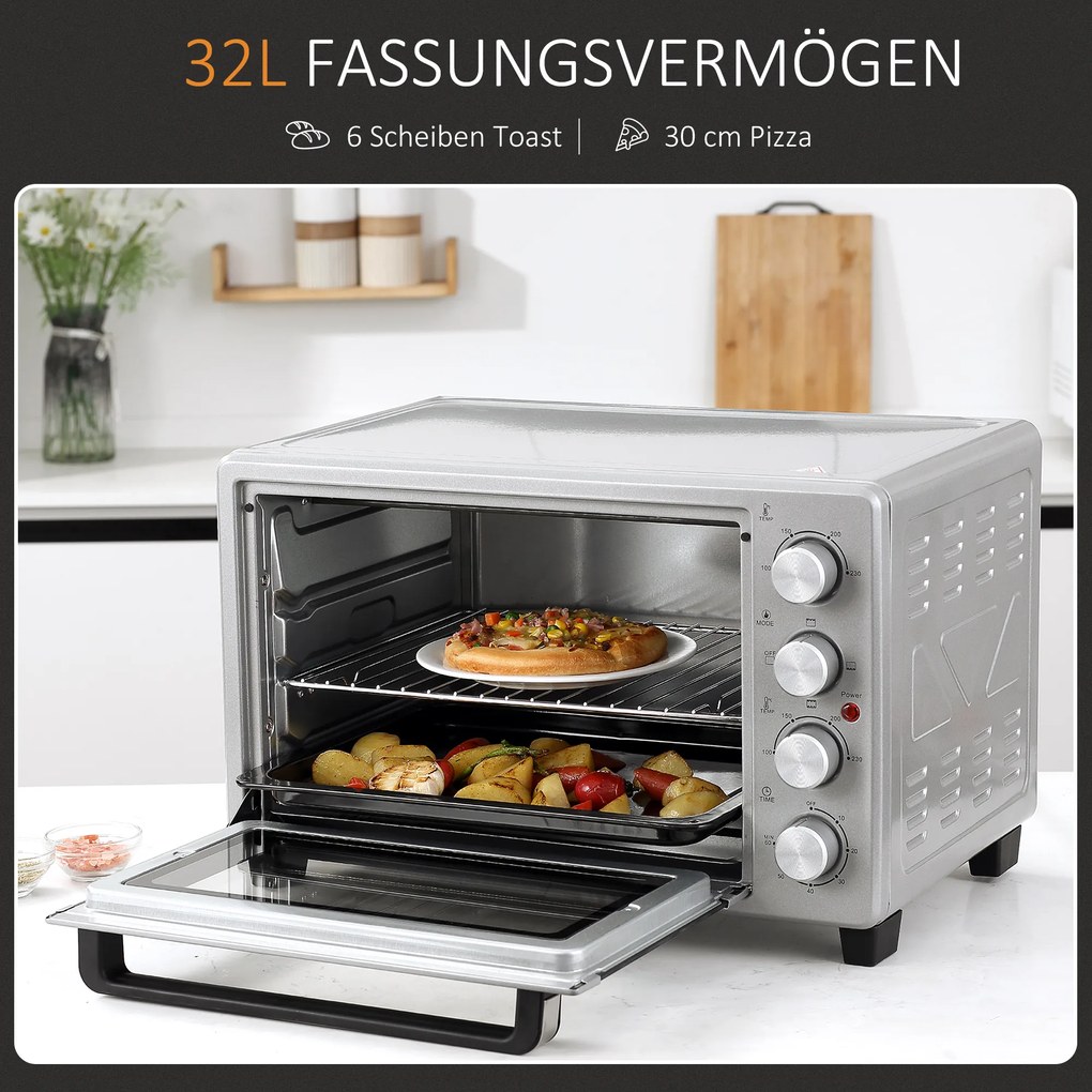 HOMCOM Mini trouba 32L, 1600W, Elektrická trouba s plechem na sběr strusky, nerez a sklo, stříbrná, 52.2x38.1x33.5cm| Aosom