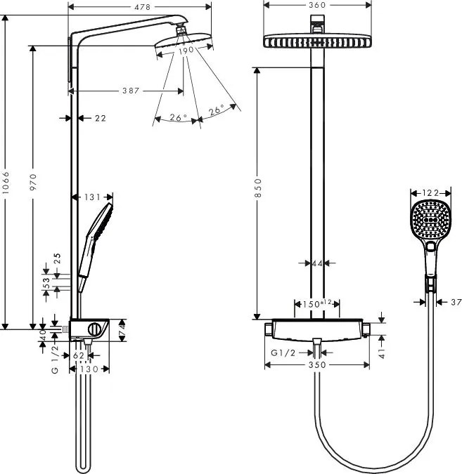 Hansgrohe Raindance Select E, sprchový set Showerpipe 360 s termostatem, EcoSmart 9 l/min, chromová, HAN-27286000