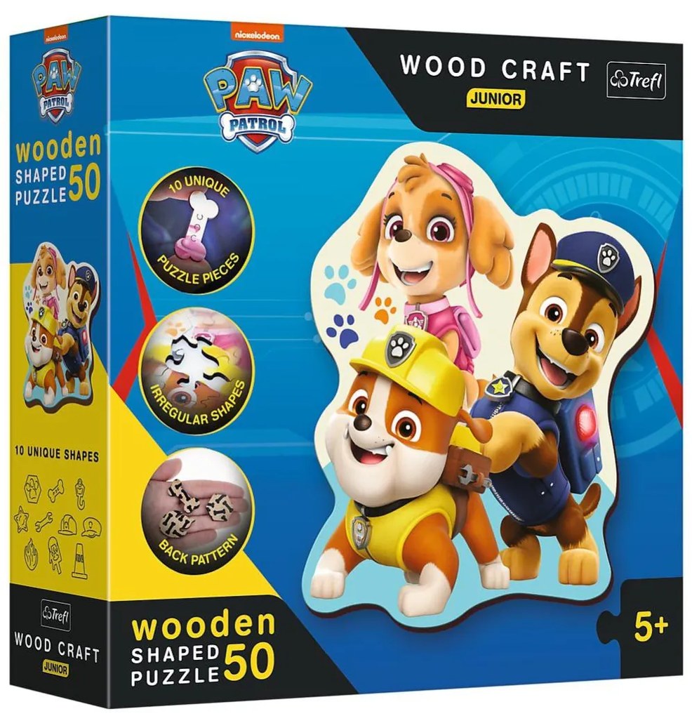 Dřevěné puzzle Junior 50 dílků Legrační Tlapková Patrola/Paw Patrol 19,5x23,5cm v krabici 20x20x6cm