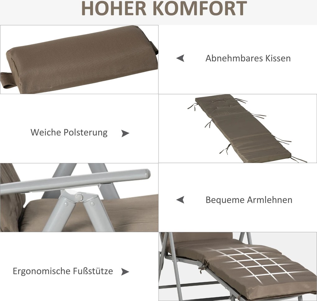 Sonnenliege Strandliege Gartenliege klappbar verstellbar mit Kissen Garten Metall Stoff Braun+Silber 137 x 63,5 x 100,5 cm