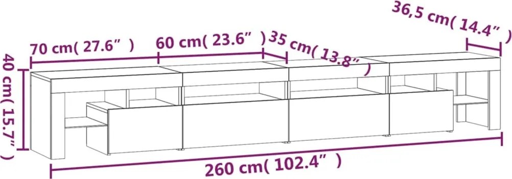 vidaXL TV skříňka s LED osvětlením 260x36,5x40 cm [3152822] Barva: bílá s vysokým leskem