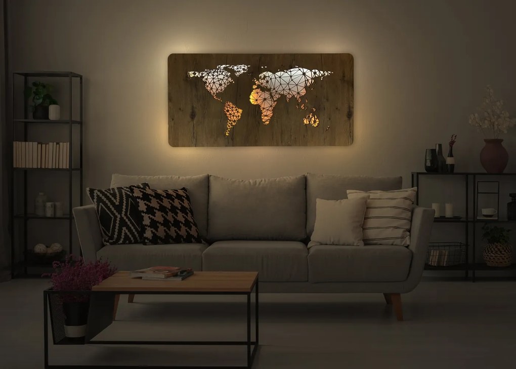 Li-Go "Mapa světa" světelný obraz s baterií 120x60cm varianta ovládání: manuál/pohybové čidlo, provedení povrchu: dub