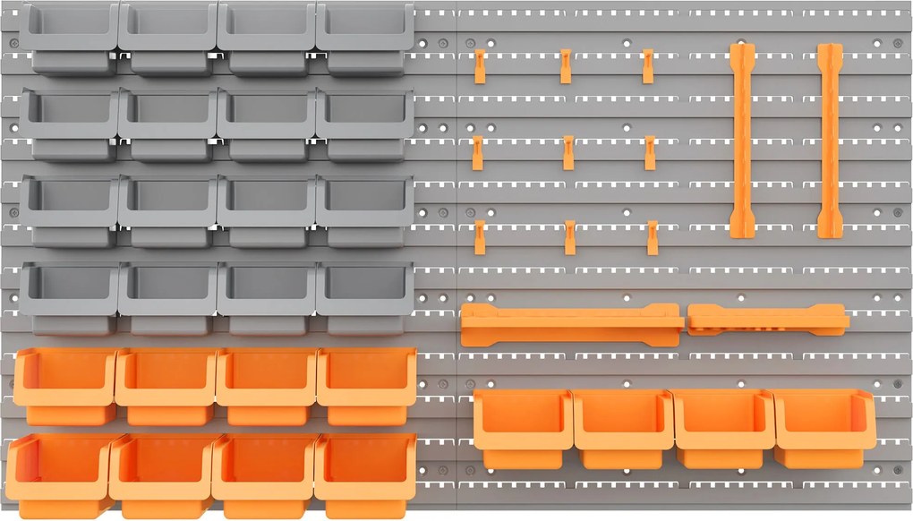 DURHAND 44-dílný organizér na nářadí na zeď 95x54 cm s 28 stohovatelnými boxy a různými háčky šedý a oranžový | Aosom