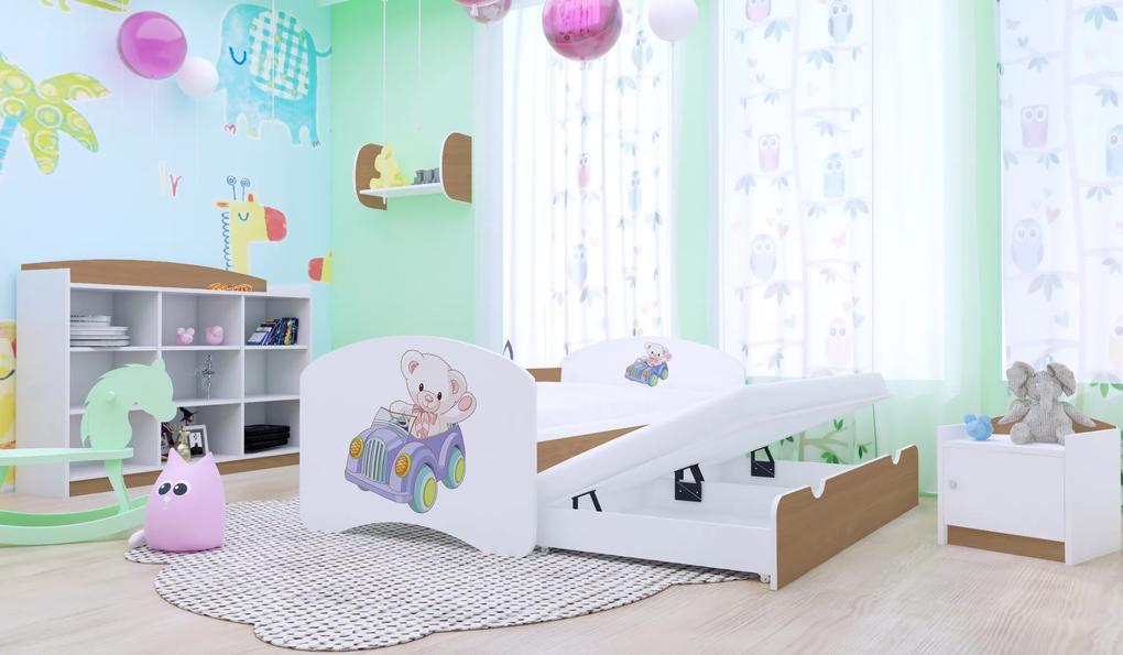 Svět pokojů Dětská postel Kevin pro dvě děti - medvídek v autě + matrace zdarma Barva: Bílá, Rozměr: 160x80 cm, Zábrana: NE