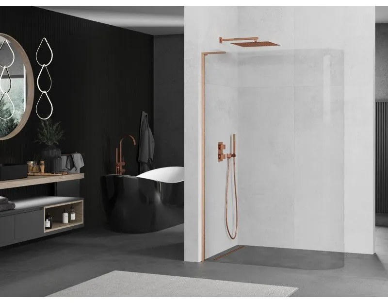 Mexen Kioto L, sprchová zástěna Walk-In 90 x 200 cm, 8mm čiré sklo, měděný matný profil, 800-090-103-65-06