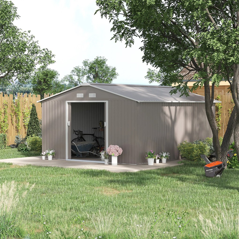 Outsunny Zahradní Kůlna 12,4 m², Zahradní Dům s Plochou Střechou, Posuvné Dveře, Základna, 386 x 340 x 200 cm, Zahradní Kůlna z Pozinkované Oceli, Od…
