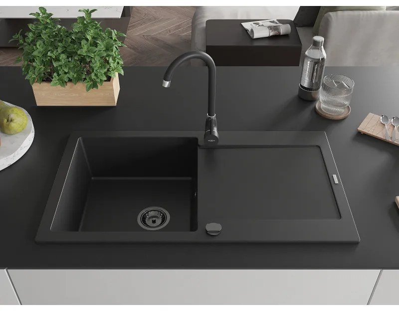 Mexen Leo, dřez granitový 900x500x190 mm, 1-komorový a černá baterie Telma, černá, 6501-77-670200-70-B