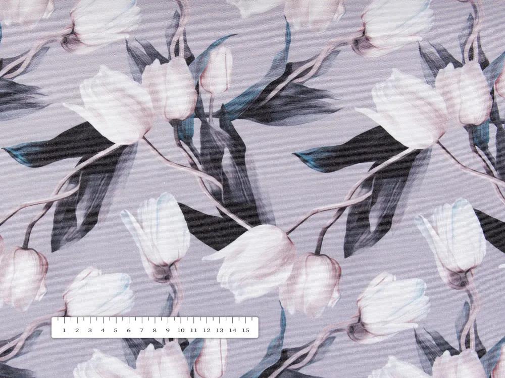 Biante Dekorační běhoun na stůl PML-034 Bílé tulipány na šedém 20x180 cm
