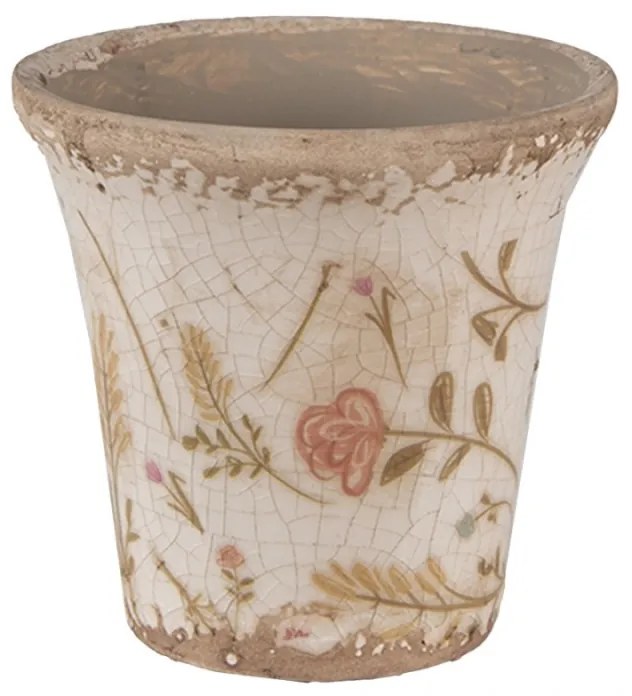 Béžový keramický obal na květináč s malbou růží Tessa – 9x8 cm