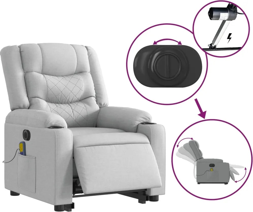 Elektrické zvedací masážní polohovací křeslo světle šedé textil 3206582