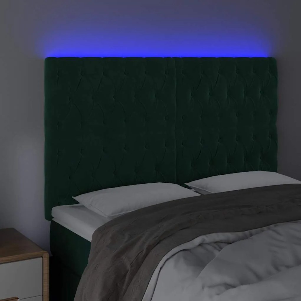 Čelo postele s LED tmavě zelené 144x7x118/128 cm samet 3122811