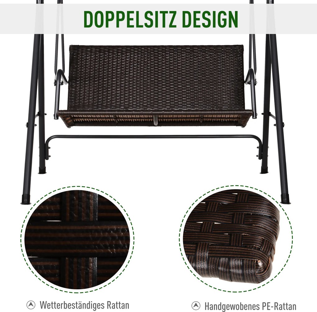 Outsunny Hollywoodský houpač 2-místný zahradní houpačka s nastavitelnou sluneční střechou, ocelový rám, ratan 140 x 110 x 151 cm