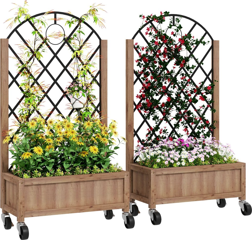Outsunny 2-dílná sada vyvýšených záhonů s kolečky, treláž, dřevěný květináč pro espaliér 52x25x97cm | Aosom