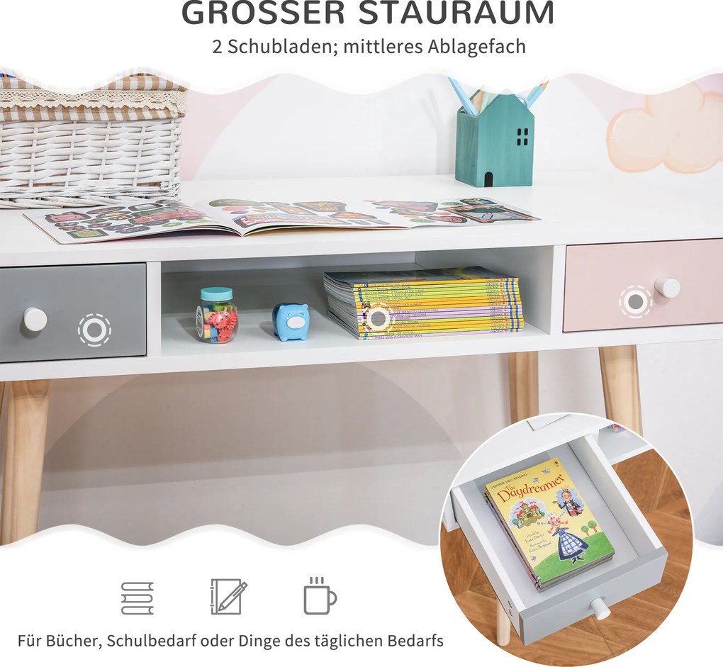 Dětský stůl HOMCOM s 1 otevřenou přihrádkou a 2 šuplíky v severském stylu pro studijní místnost, vstup a ložnici 100x48x76,5 cm v multicolor provedení