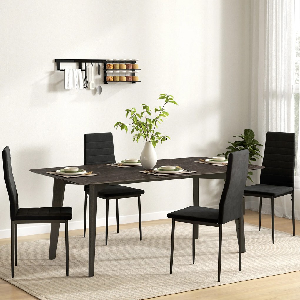 HOMCOM Sada 4 jídelních židlí, design bez opěrek, čalounění látkou, kovové nohy, černá