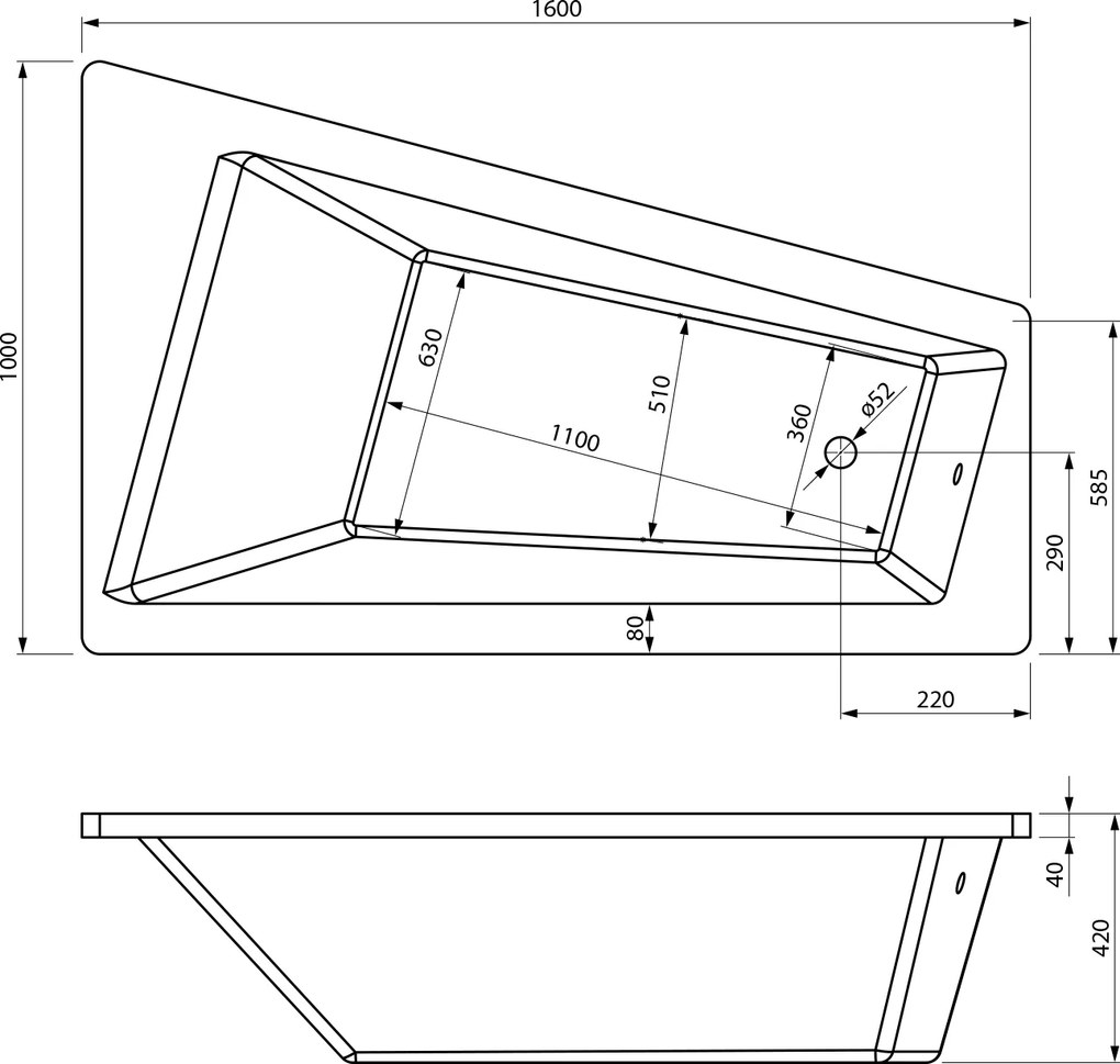 Aqualine Metuje G2611 asymetrická vana 160 x 100 cm akrylátová pravá