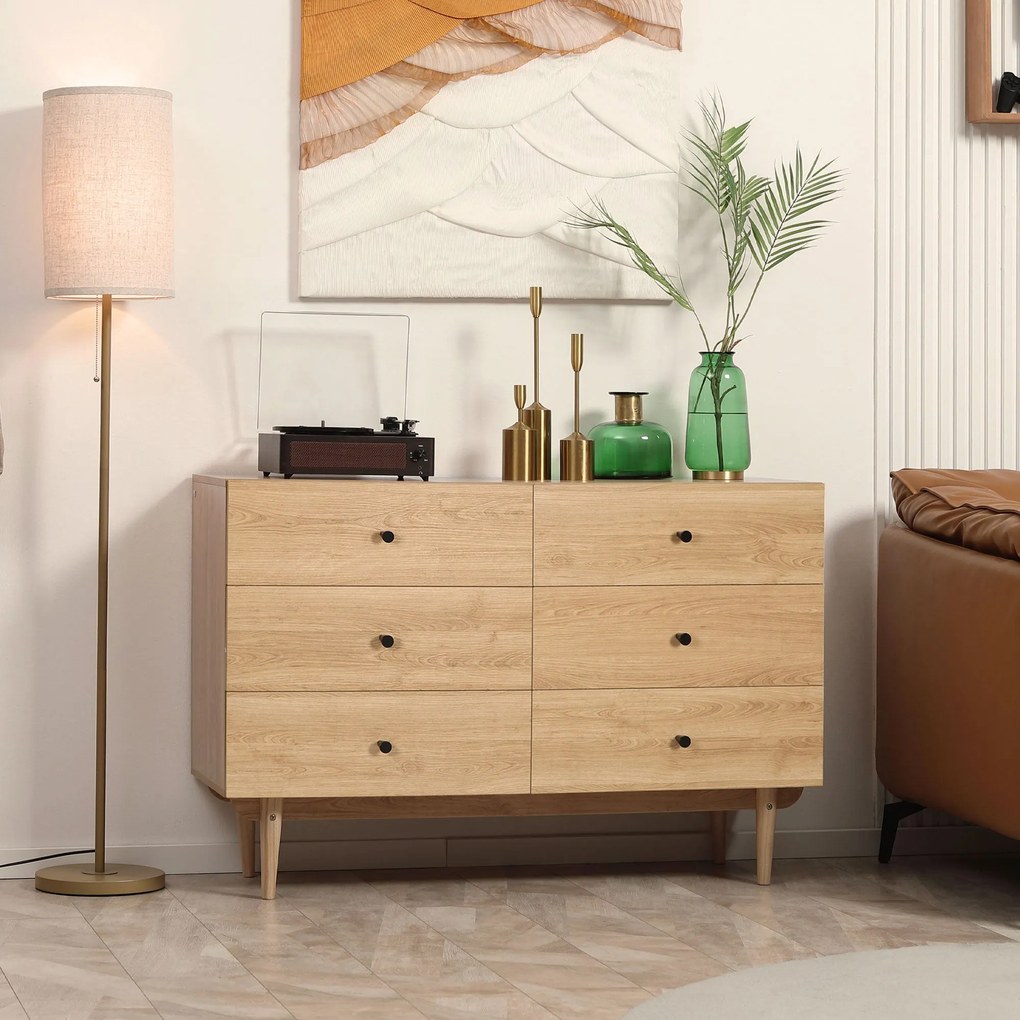 HOMCOM Komoda se 6 Zásuvkami a Masivními Dřevěnými Nohy 120 x 40 x 80 cm Dřevěná Barva