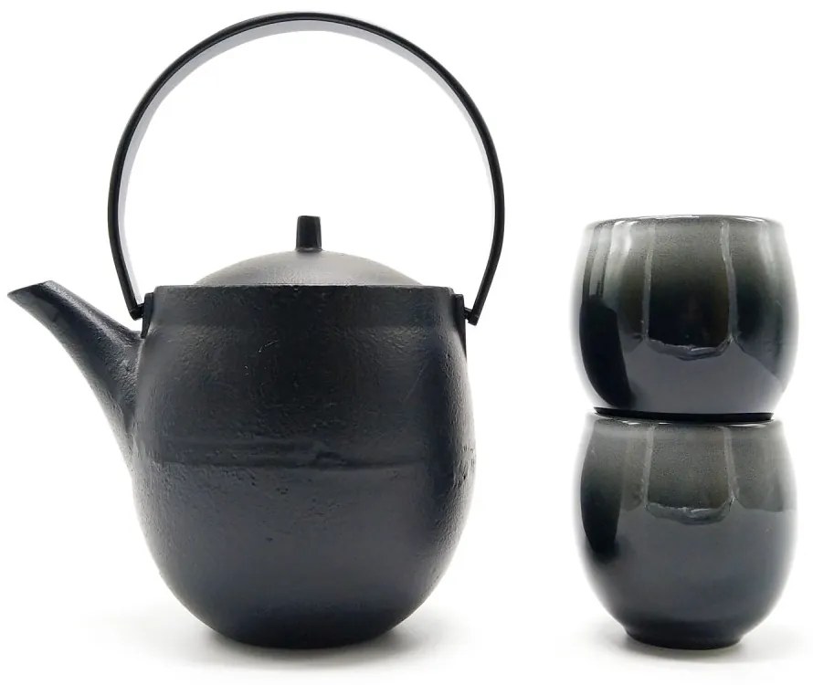 Litinová čajová souprava Sendai, konvice 1,2 l – japonský retro design, se 2 porcelánovými šálky, s nerezovým sítkem