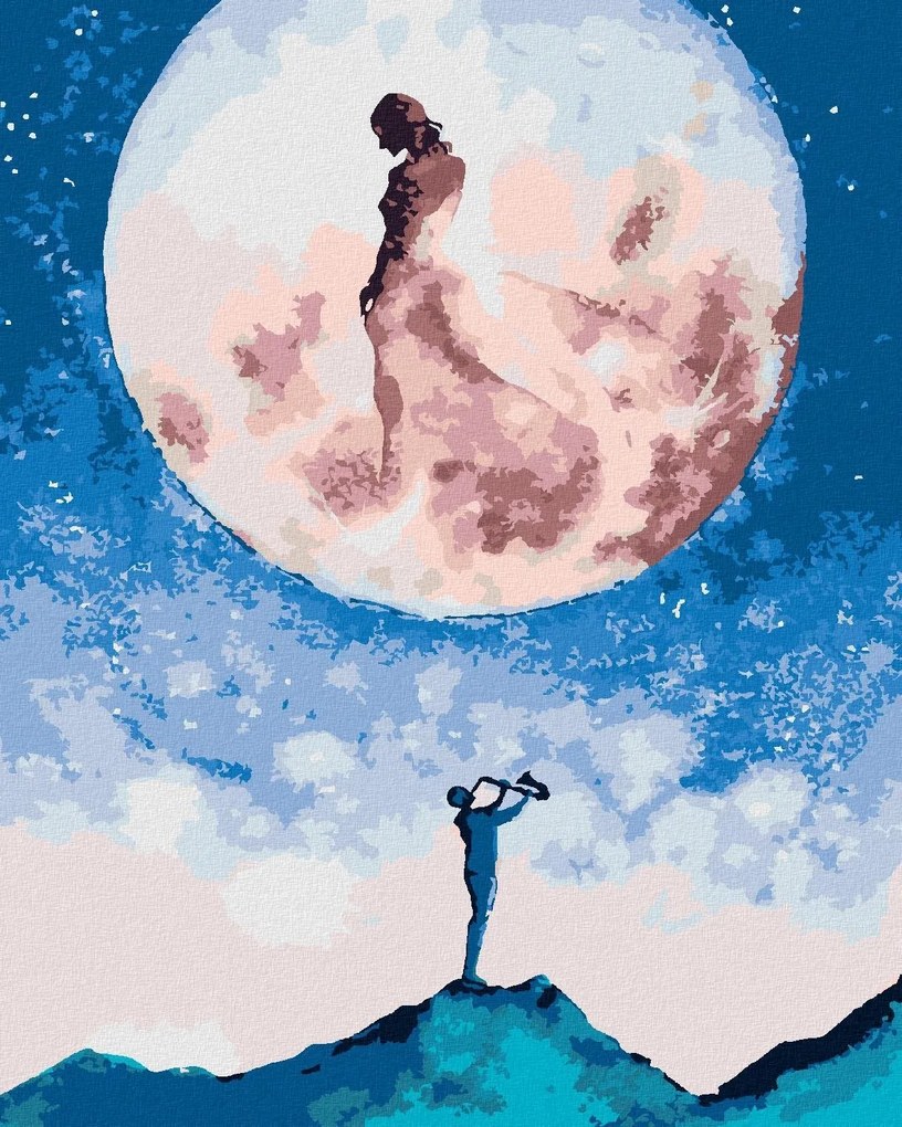 Malování podle čísel mladík hudbou dodává bohyni na měsíci svou náklonnost, 40x50 cm, vypnuté plátno na rám