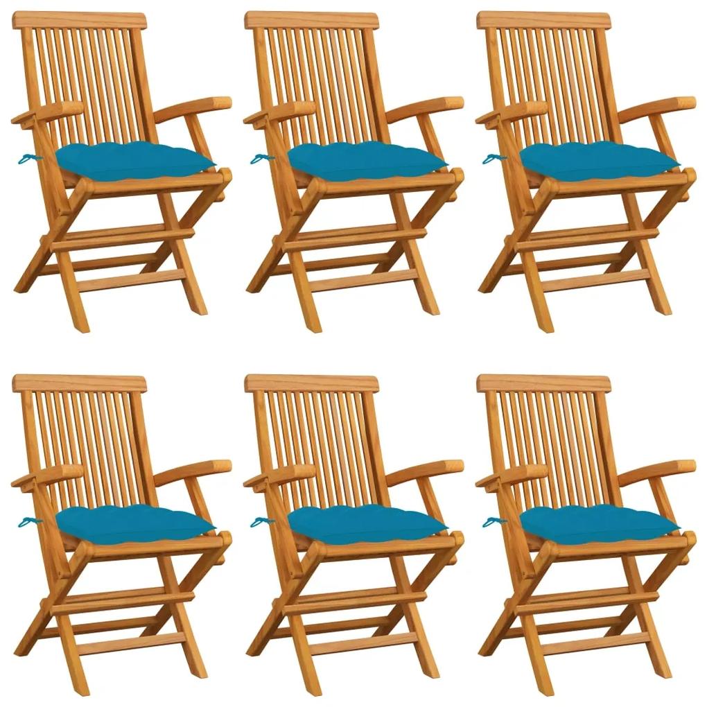 Zahradní židle se světle modrými poduškami 6 ks masivní teak,  3062560