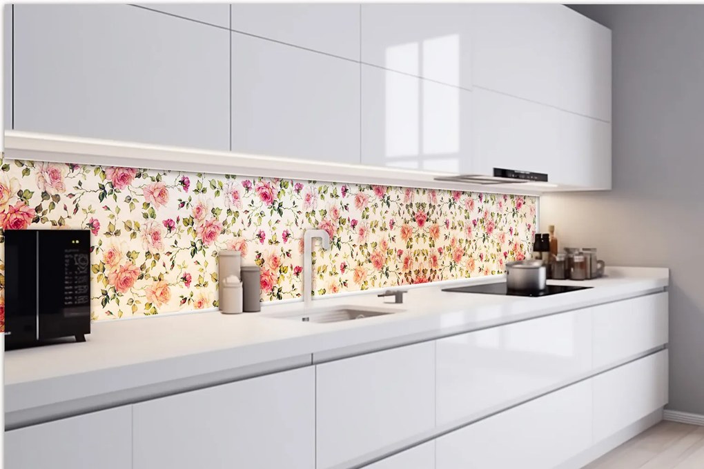 DIMEX | Fototapeta do kuchyně Růžičky KI-420-177 | 420 x 60 cm | růžová, meruňková, zelená