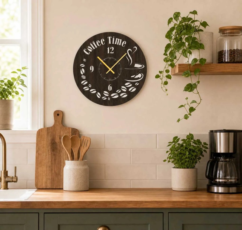 dřevo života Nástěnné hodiny COFFEE TIME Zvolte barvu dekoru: Dub zlatý, Zvolte velikost hodin (cm): 35x35