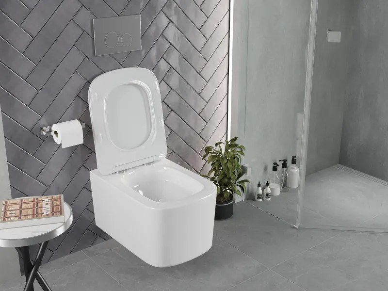 Mexen Vivo, závěsná WC mísa 555x370x335 mm, Rimless Tornádo + WC sedátko z duroplastu, bílá lesklá, 30610200T