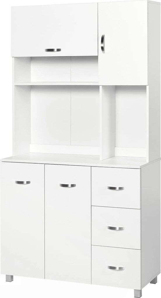 HOMCOM Moderní Kuchyňská Skříňka s 3 Zásuvkami, 4 Dveřmi a Nastavitelnými Policemi pro Jídelnu a Obývací Pokoj 100x39,5x183,5 cm Bílá | Aosom