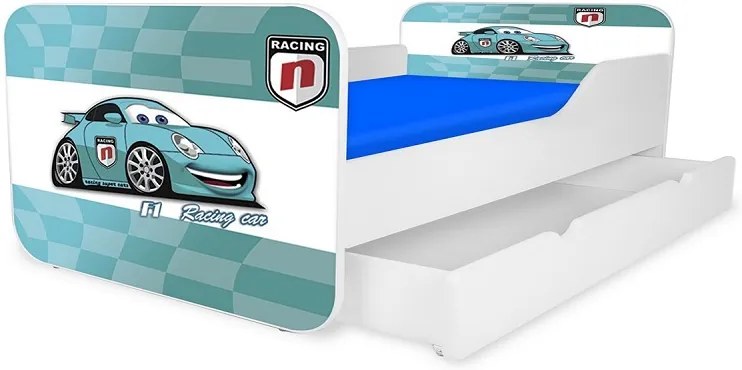 Dětská postel Modré závodní auto se šuplíkem - square - Rozměry 140x70 cm