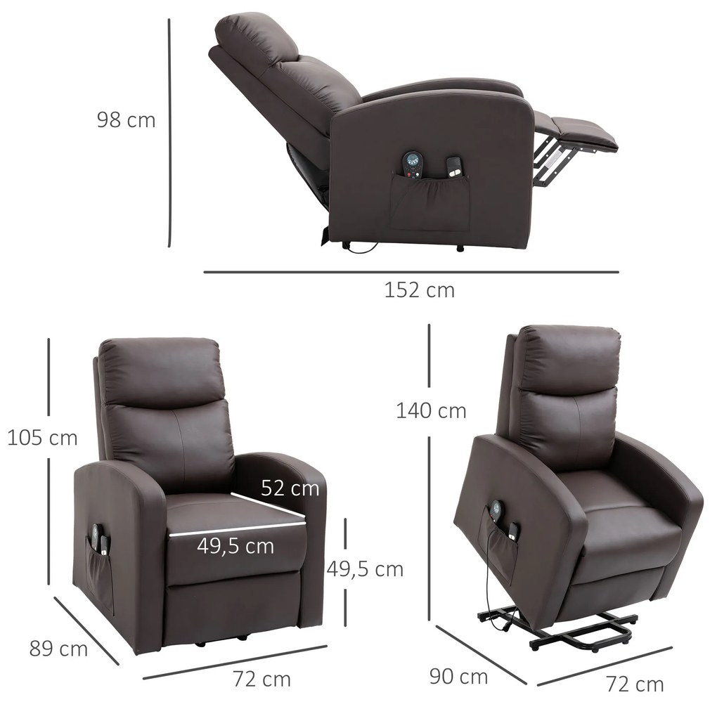 Polohovací křeslo HOMCOM s funkcí stojanu a elektrické masáže, funkce polohování, imitace kůže, hnědá barva, pohodlné křeslo s dálkovým ovládáním | A…