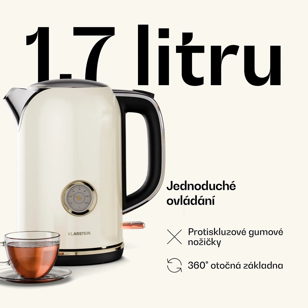 Klarstein Victoria rychlovarná konvice | 1,7 l | 2200 W | 360° otočný stojan | Nadčasový design