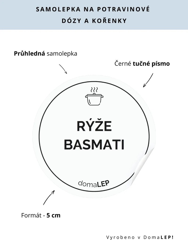RÝŽE BASMATI – průhledná samolepka na dózu, tučnépísmo, 5 cm | DomaLEP