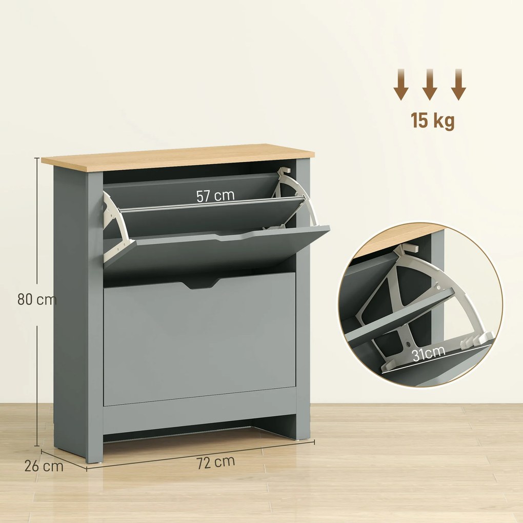 HOMCOM Botník se 2 sklápěcími přihrádkami, nastavitelná přepážka pro 8-12 párů bot, 72 x 26 x 80 cm, světle šedý