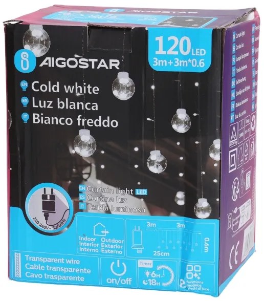 Aigostar - LED Ven. ván. řetěz 120xLED/6W/230V/8 funkcí 3x0,6m IP44 stud bílá+DO