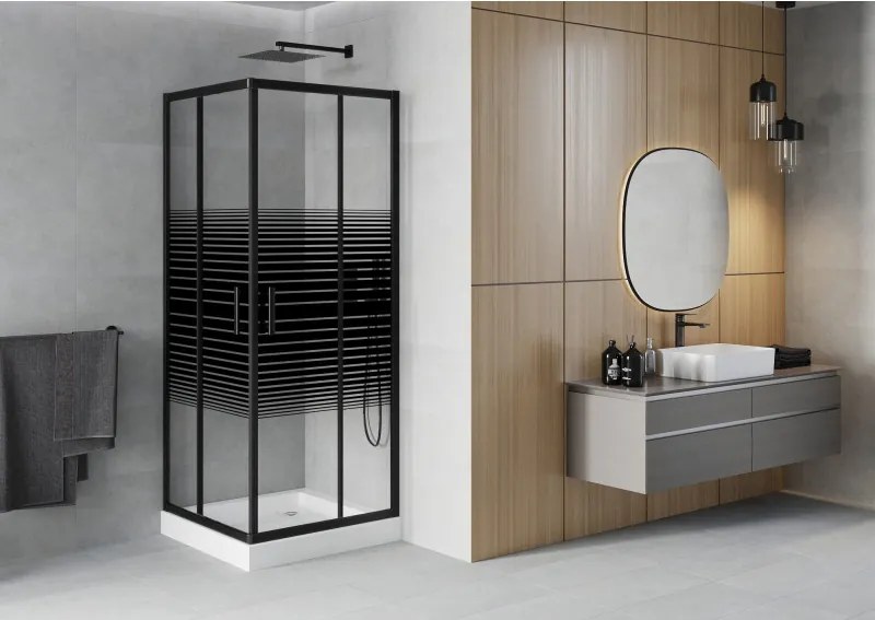 Mexen Rio, čtvercový sprchový kout s posuvnými dveřmi 70 (dveře) x 70 (dveře) x 190 cm, 5mm čiré sklo s pásky, černý profil + bílá sprchová vanička RIO, 860-070-070-70-20-4510