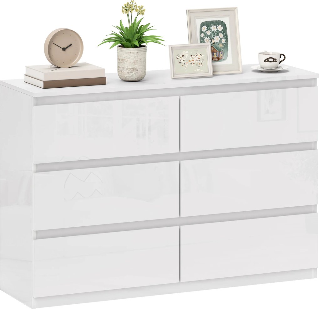 HOMCOM komoda do ložnice s 6 zásuvkami, zásuvková komoda pro obývací pokoj a kancelář, moderní styl, 112x34x75 cm, vysoký lesk bílá
