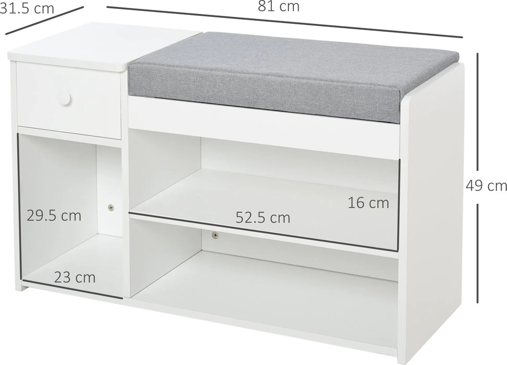 HOMCOM botník s polstrováním, šuplíkem a 3 otevřenými přihrádkami, dřevěný nábytek do chodby 81x31,5x49cm, bílý