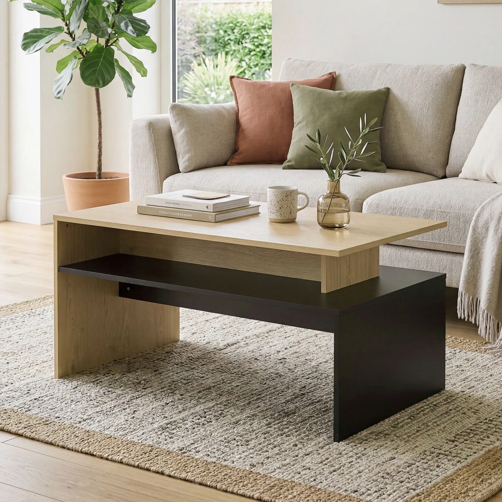 HOMCOM Moderní dvoubarevný konferenční stolek s posunutými úrovněmi a odkládacím prostorem, 95 x 55 x 50 cm, přírodní dřevo a černá