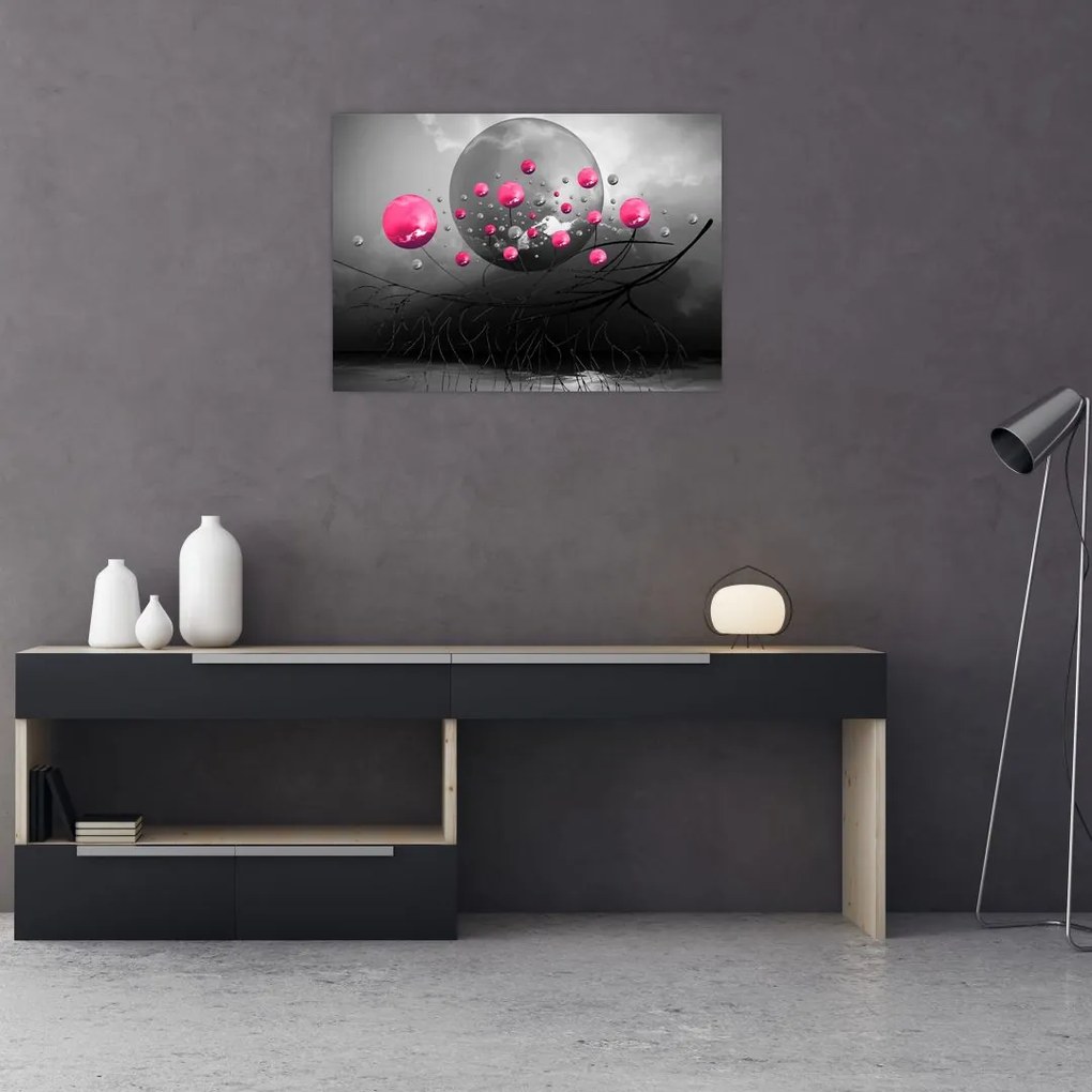 Skleněný obraz růžových abstraktních koulí (70x50 cm)