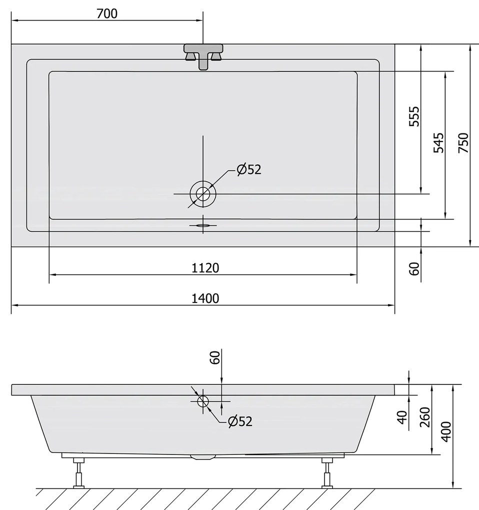 Polysan DEEP hluboká sprchová vanička s konstrukcí, obdélník 140x75x26cm, bílá, 72948