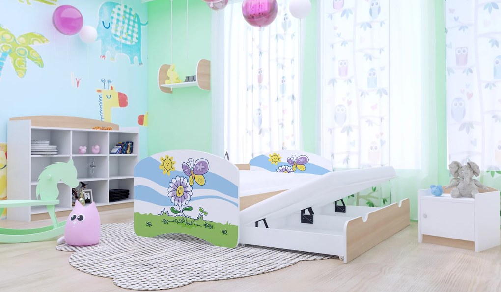 Svět pokojů Dětská postel Kevin pro dvě děti - kytka a motýlek + matrace zdarma Barva: Růžová, Rozměr: 180x90 cm (+400 Kč), Zábrana: NE