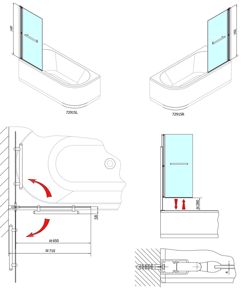 Polysan, RIONI pneumatická vanová zástěna 710 mm, stříbrný rám, čiré sklo, 72915
