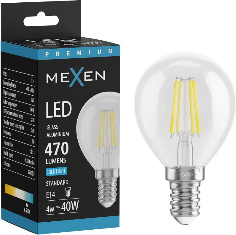 Mexen Vintis, LED filamentová žárovka E14, G45, 4 W, studená bílá 6500K, čirá, L156-E14-0465-00