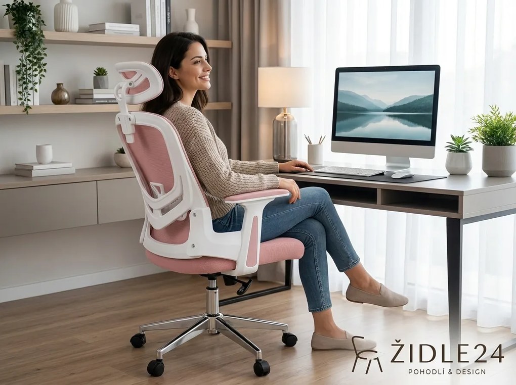Ergonomická kancelářská židle EMILIE - růžová síťovina