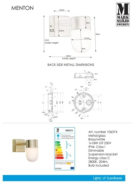 Markslöjd 106374 - Koupelnové nástěnné svítidlo MENTON 1xG9/18W/230V IP44