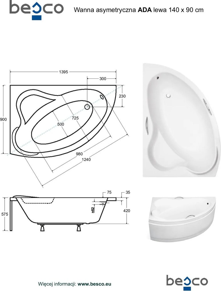 Besco ADA 140 cm VANADA140L+OLVPINOZ vana vč. nožiček levá Koupelny Bernold