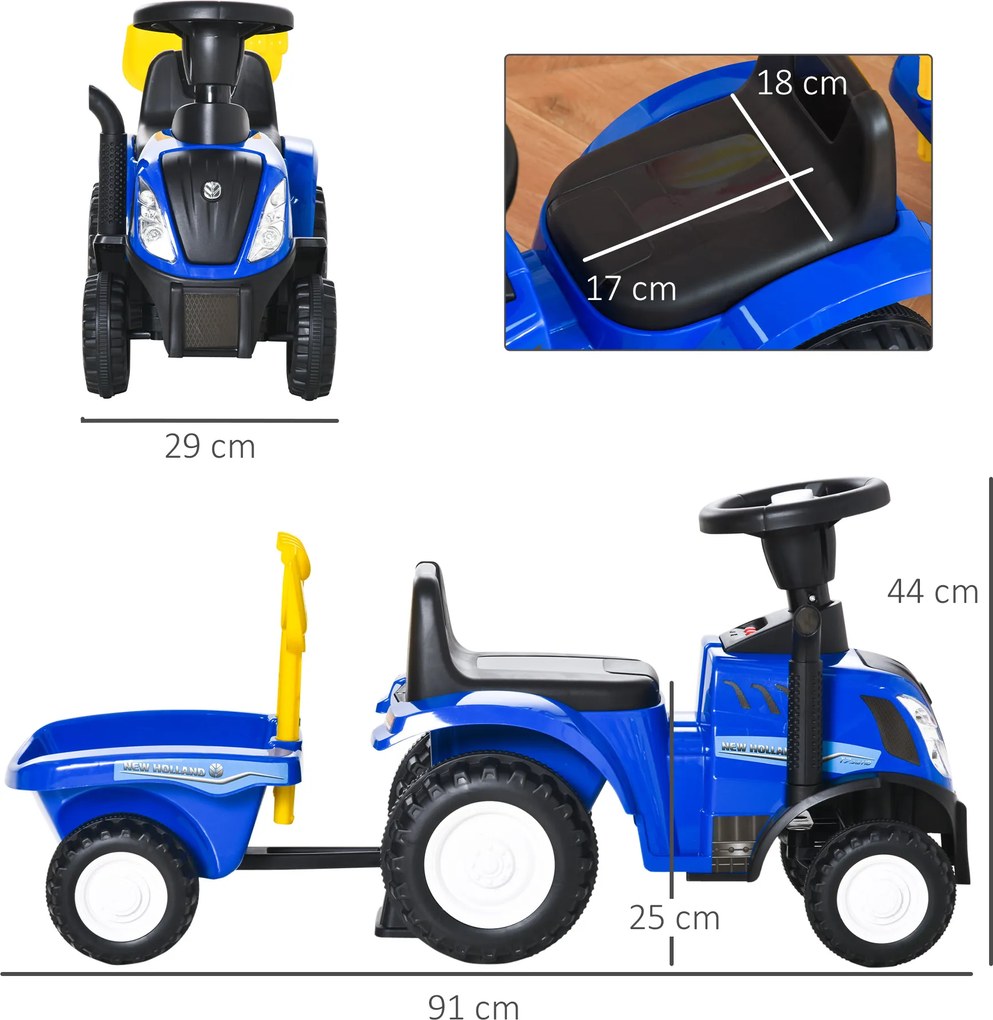 HOMCOM dětské autíčko dětské autíčko NEW HOLLAND jezdící autíčko klasické chodítko s klaksonem plastové kovové modré | Aosom