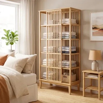 HOMCOM bambusová šatní skříň 5 úrovní s posuvnými dveřmi, vzdušný lamelový design, přírodní dřevo