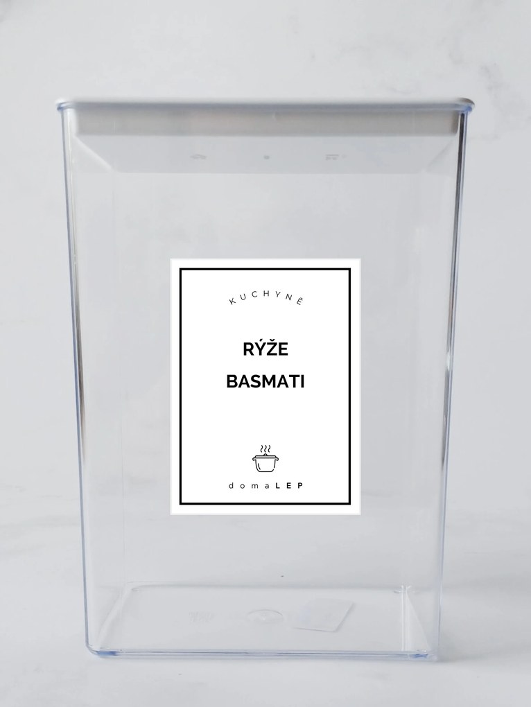 RÝŽE BASMATI– bílá samolepka na dózu, tučné písmo, 6 x 8 cm | DomaLEP